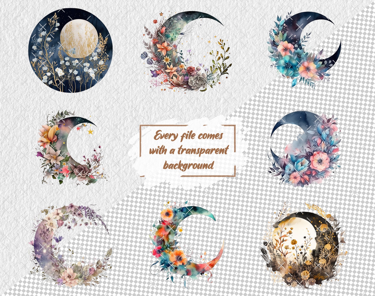 Watercolor Floral Moon Moon PNG Clipart Floral Clipart Moon - Etsy