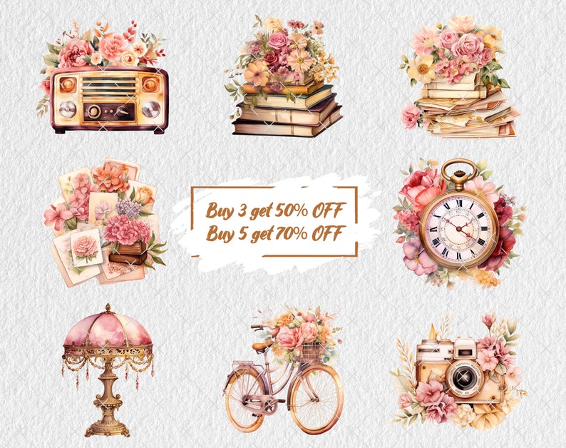 Watercolor Pink Vintage Clipart Watercolor Antique Objects - Etsy