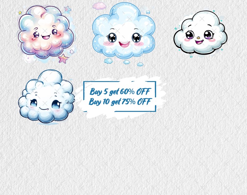 Cute Kawaii Clouds Clipart, Cute Clouds PNG Digital Download, Clouds ...