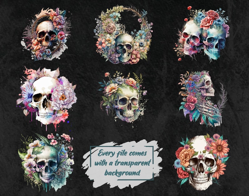 Watercolour Floral Skull Png Skull Clipart Wiccan Clipart - Etsy
