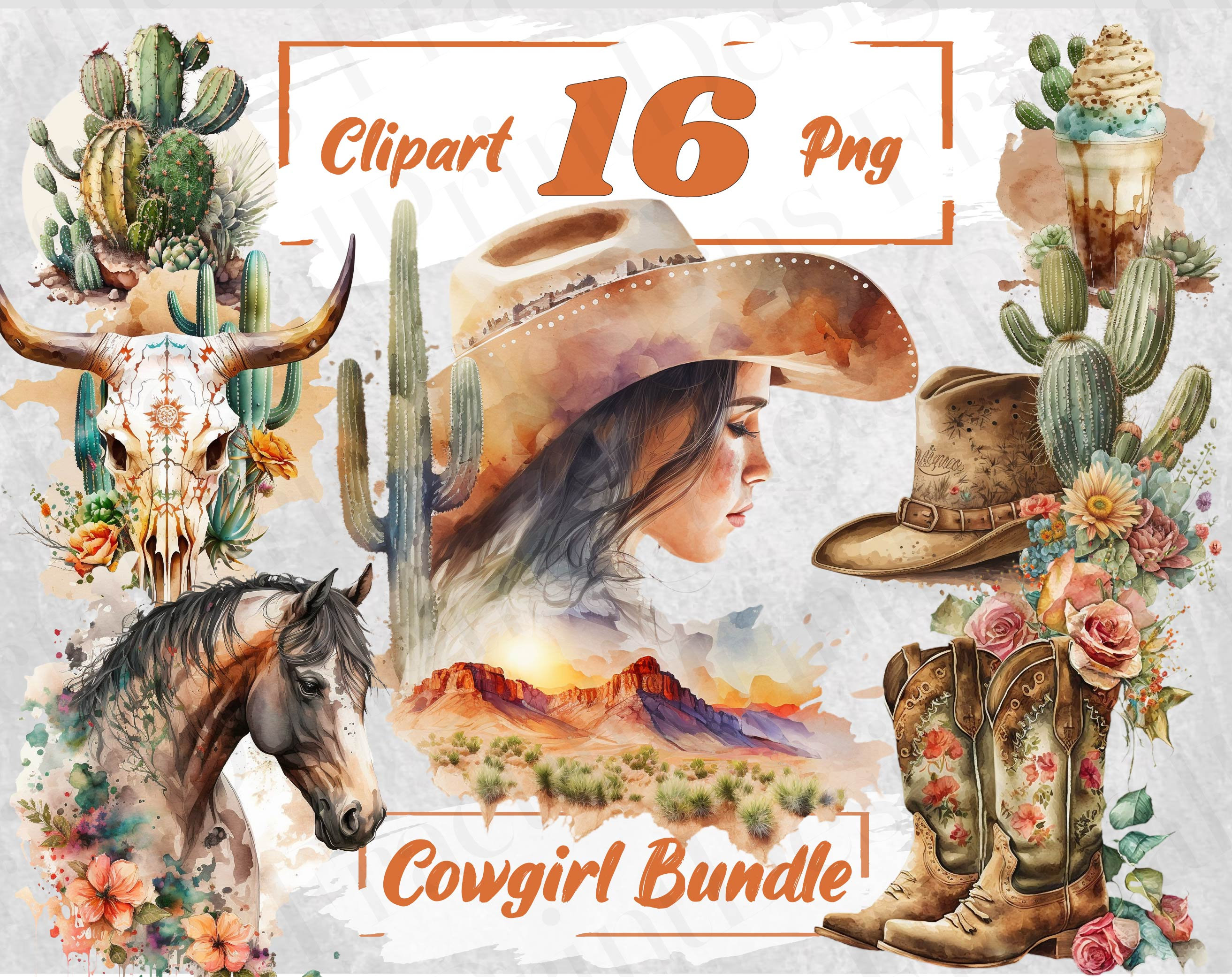 Watercolour Western Cowgirl Clipart Wild Western PNG Bundle Cowgirl ...