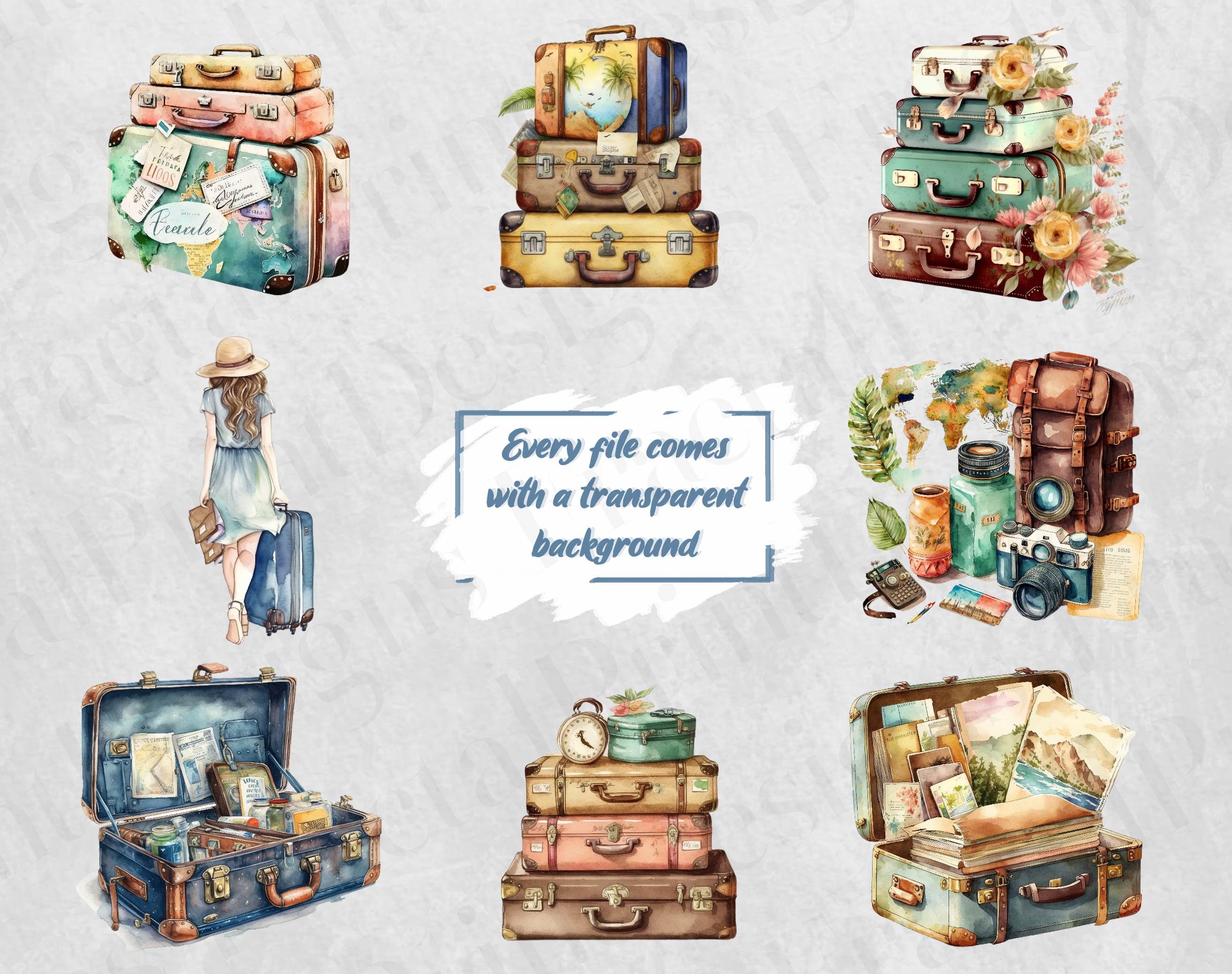Travel Suitcase PNG Clipart Watercolor Suitcase Set Traveling Bundle ...