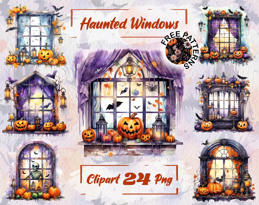 Watercolor Halloween Window Pumpkin Clipart Scary Art Clipart Spooky ...