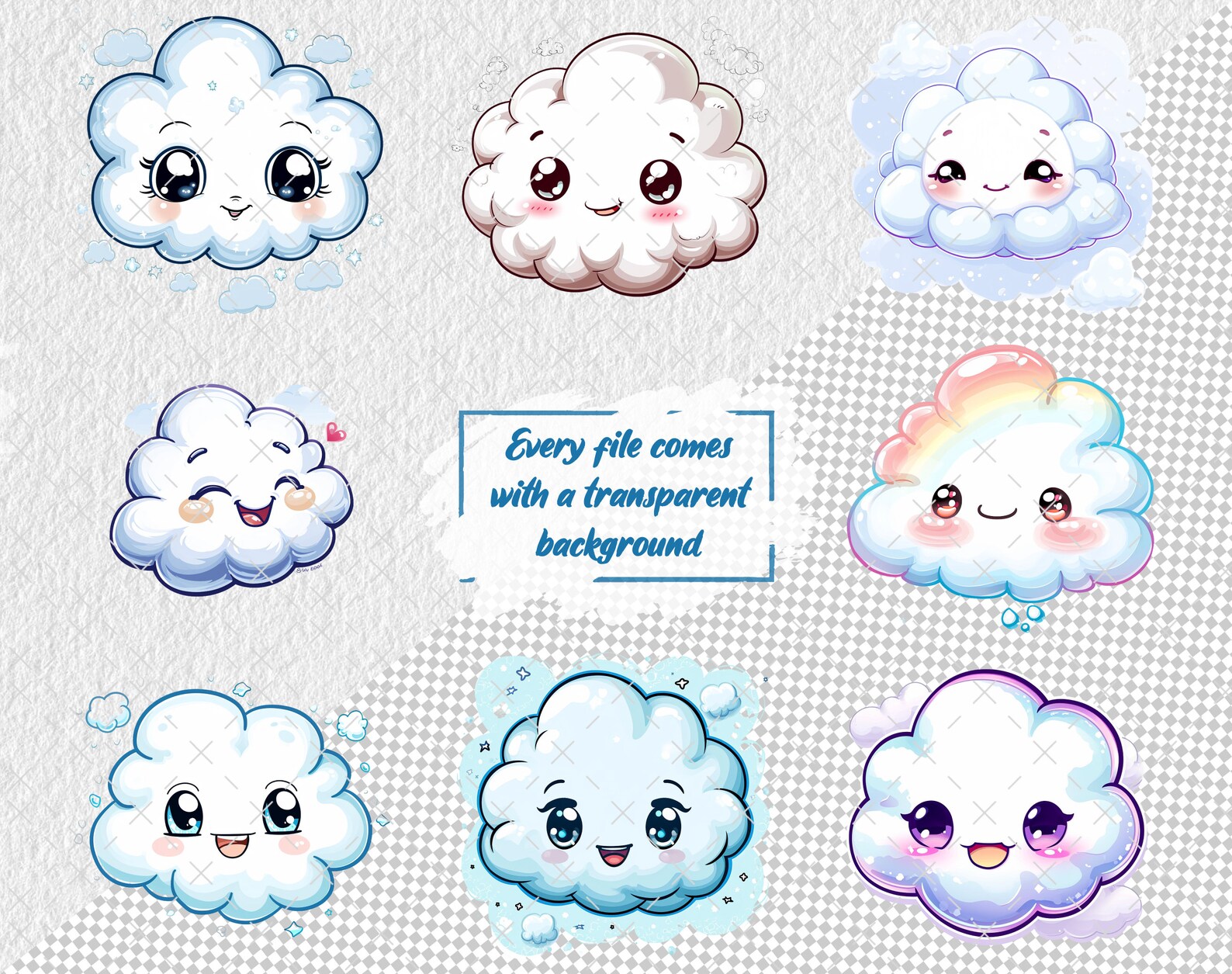 Cute Kawaii Clouds Clipart, Cute Clouds PNG Digital Download, Clouds ...