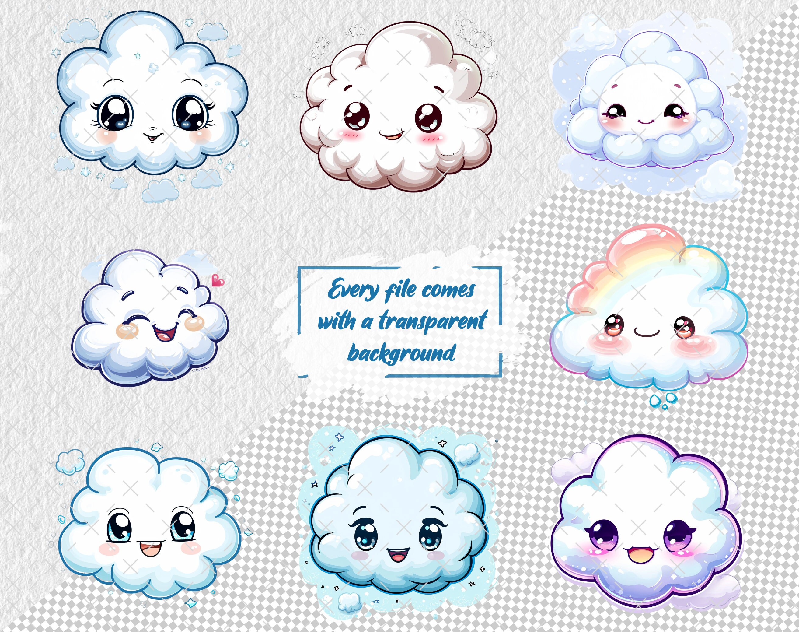 Cute Kawaii Clouds Clipart, Cute Clouds PNG Digital Download, Clouds ...