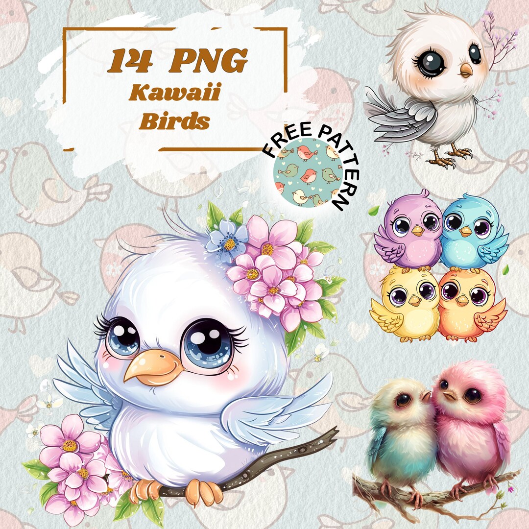 Cute Kawaii Birds Clipart, Cute Birds PNG Digital Download, Birds ...