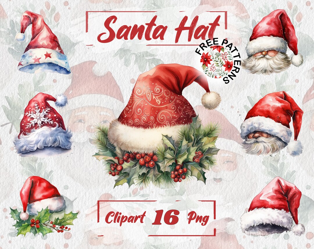 Santa Hat Clipart, Watercolor Santa Claus Santa Graphics Christmas ...