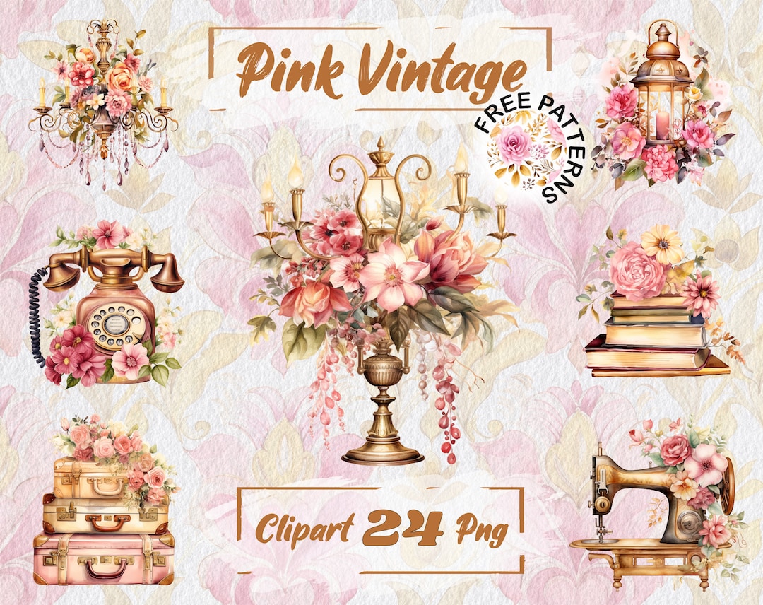 Watercolor Pink Vintage Clipart Watercolor Antique Objects Pink and ...