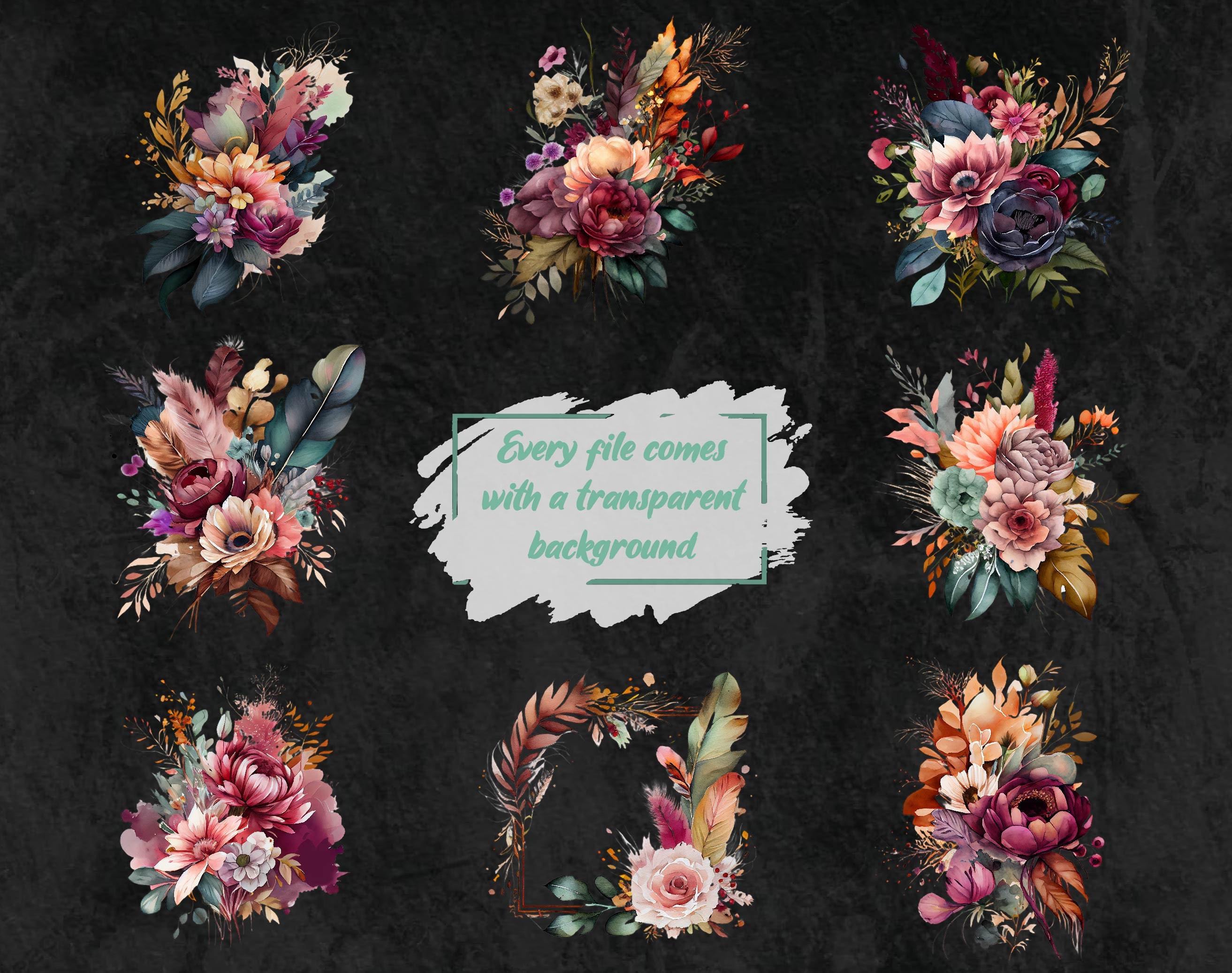 Boho Flowers PNG Watercolor Floral Clipart Bouquets Elegant Boho Flower ...