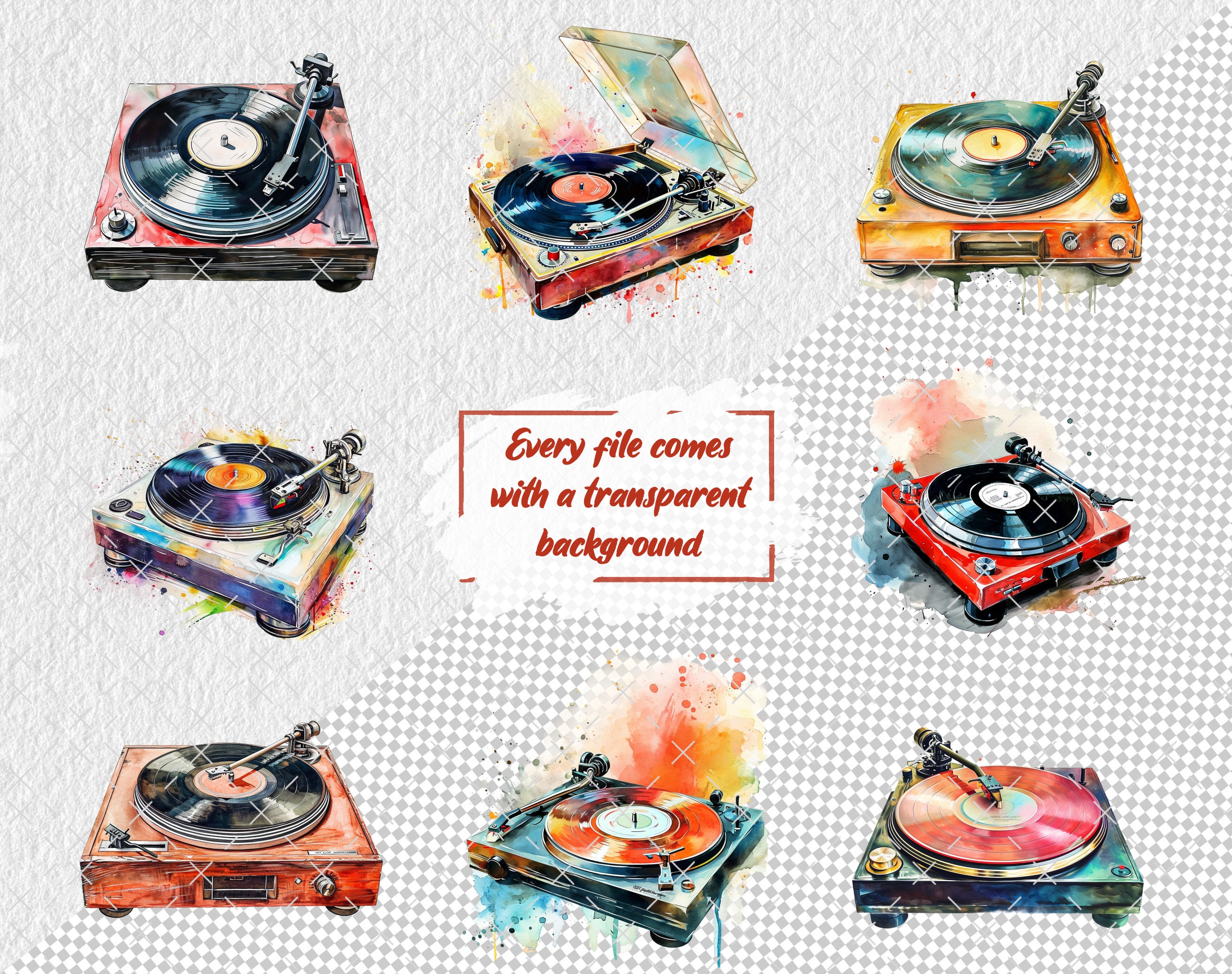 Record Player Clipart, Old Vinyl Records Clip Art, 80's Retro Graphics ...