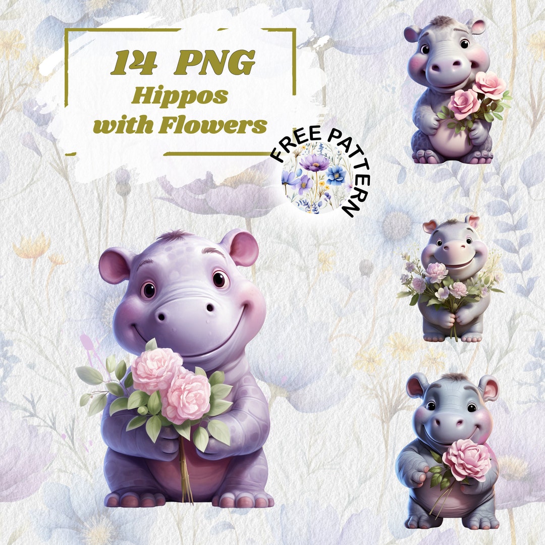 Cute Hippo Clipart, Hippo With Flowers, Hippo PNG Spring Flowers ...