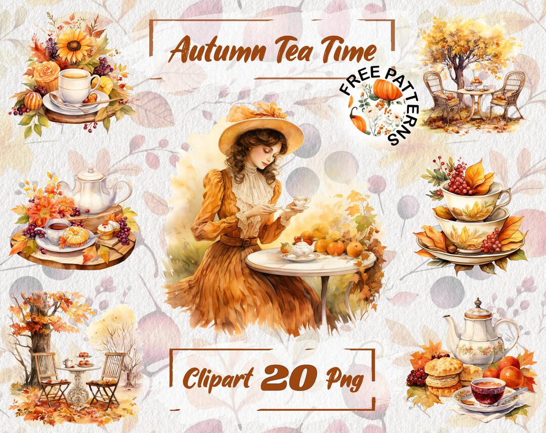Watercolor Fall Tea Time Autumn Clipart Autumn Leaves PNG Fall Flowers ...