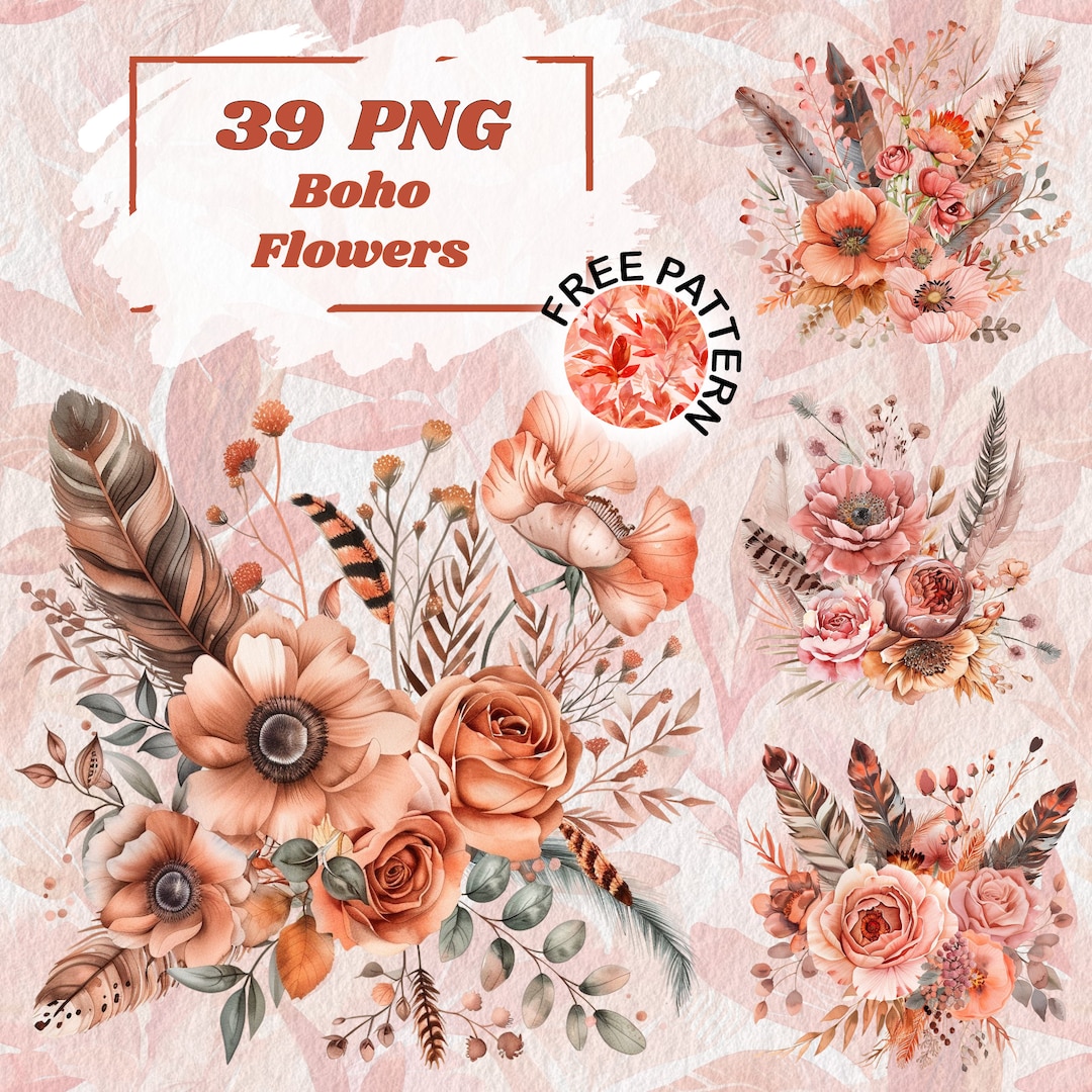 Boho Flowers Clipart Floral Designs, Bohemian Flower PNG, Wedding and ...