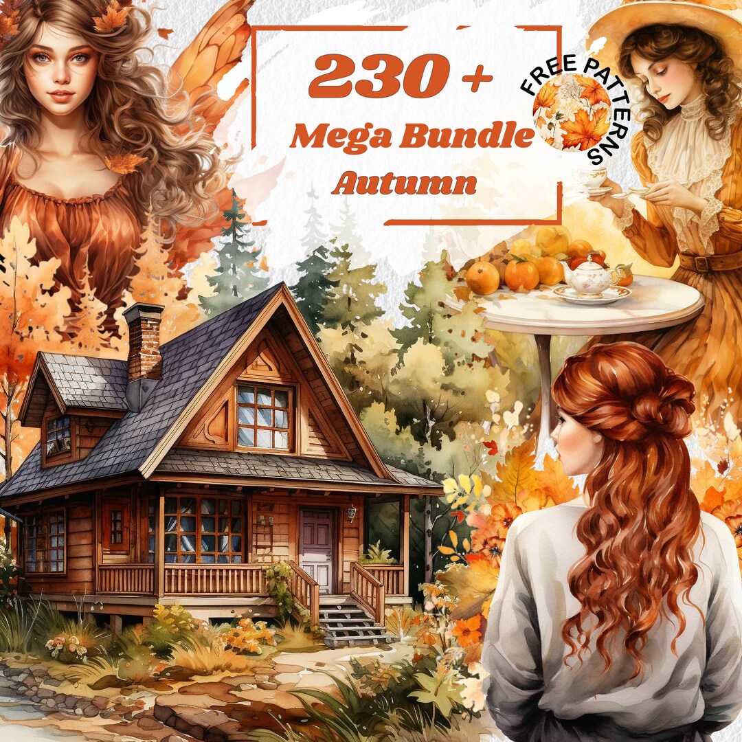 BIG Fall Clipart Bundle, Transparent Autumn PNG Watercolor Fall Cabin ...