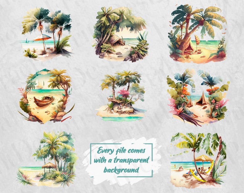 Tropical Beach Landscapes Watercolor Tropical Clipart - Etsy
