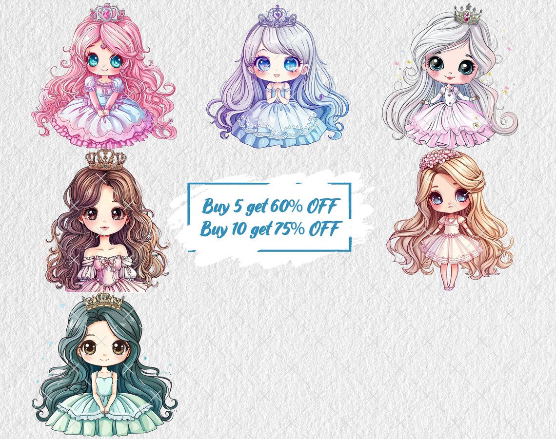 Cute Kawaii Princess Clipart, Princess PNG Digital Download, Girls ...