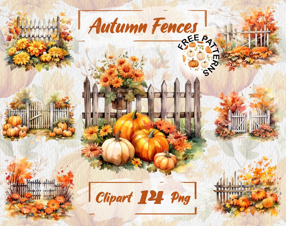 Watercolor Fall Garden Clipart Autumn Fence Clipart Autumn Leaves PNG ...