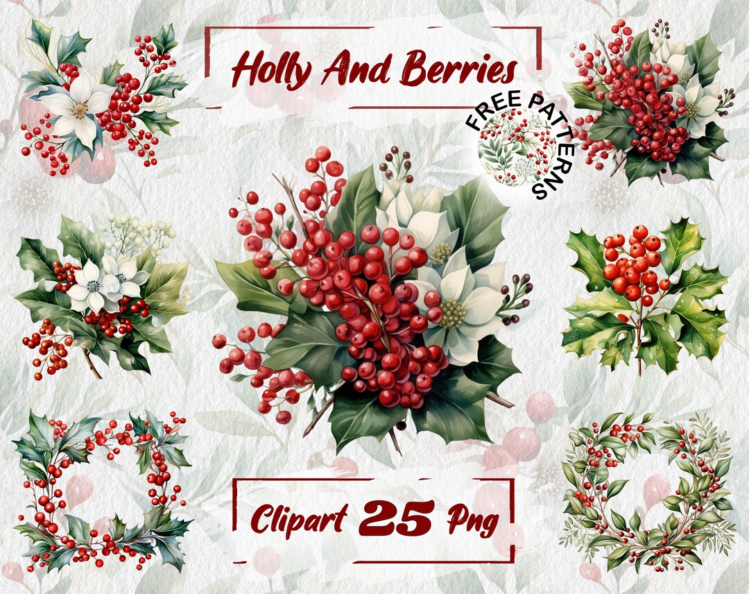 Holly and Berries Clipart, Watercolor Christmas Graphics, Xmas Decor ...