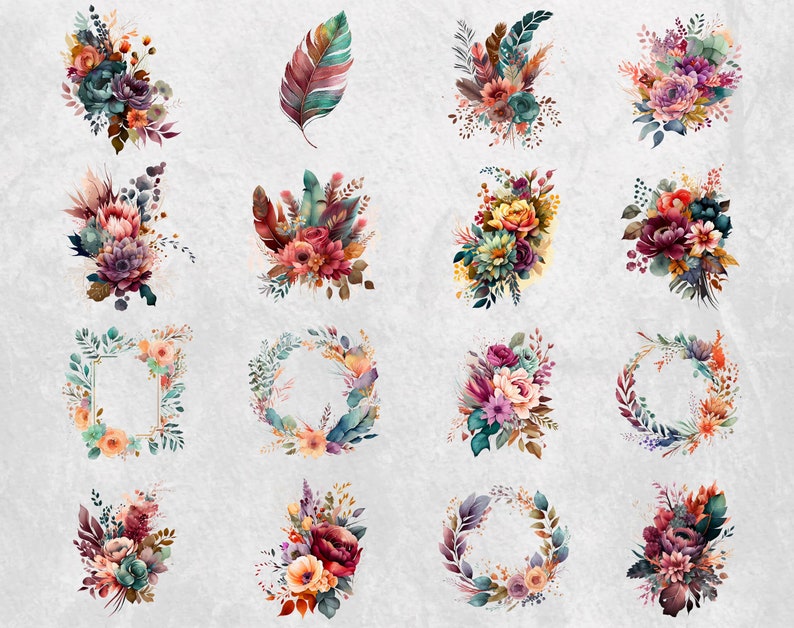 Boho Flowers PNG Watercolor Floral Clipart Bouquets Elegant - Etsy