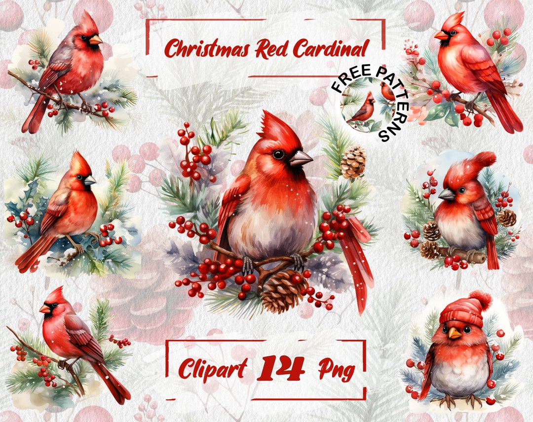 Red Cardinal Clipart, Watercolor Winter Birds PNG, Christmas Red ...