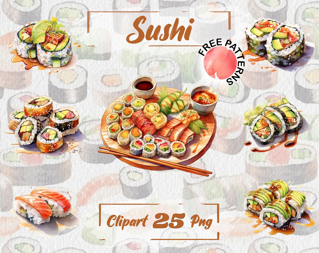 Watercolor Sushi Clipart Sushi PNG Japanese Food Clipart Food PNG Fish ...