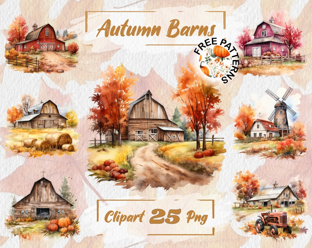 Watercolor Fall Farmhouse Clipart Autumn Clipart Farm Barn Clipart Fall ...