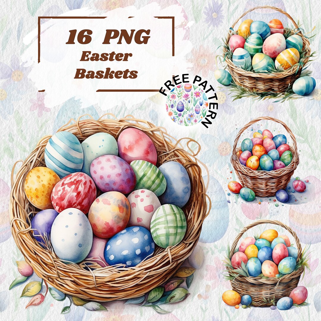 Easter Baskets Watercolor Clipart Bundle, Floral Egg Basket Images ...
