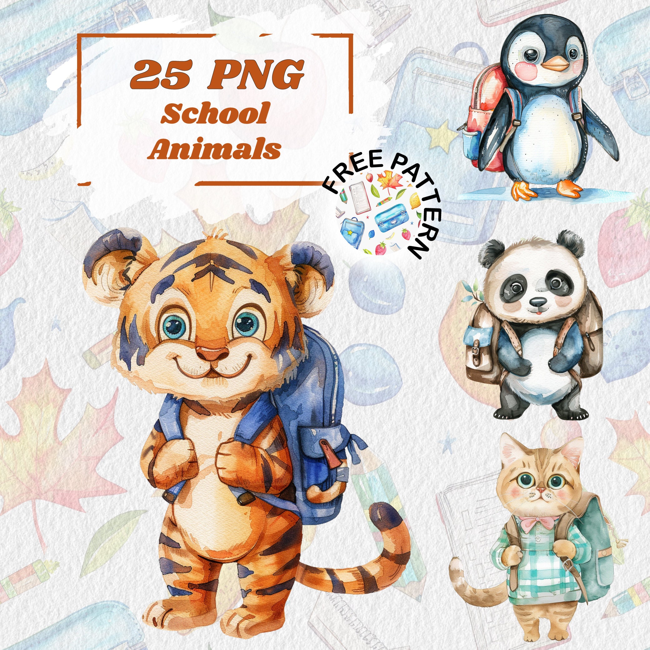 Watercolor Cute School Animals, Back to School Animal PNG Clipart ...