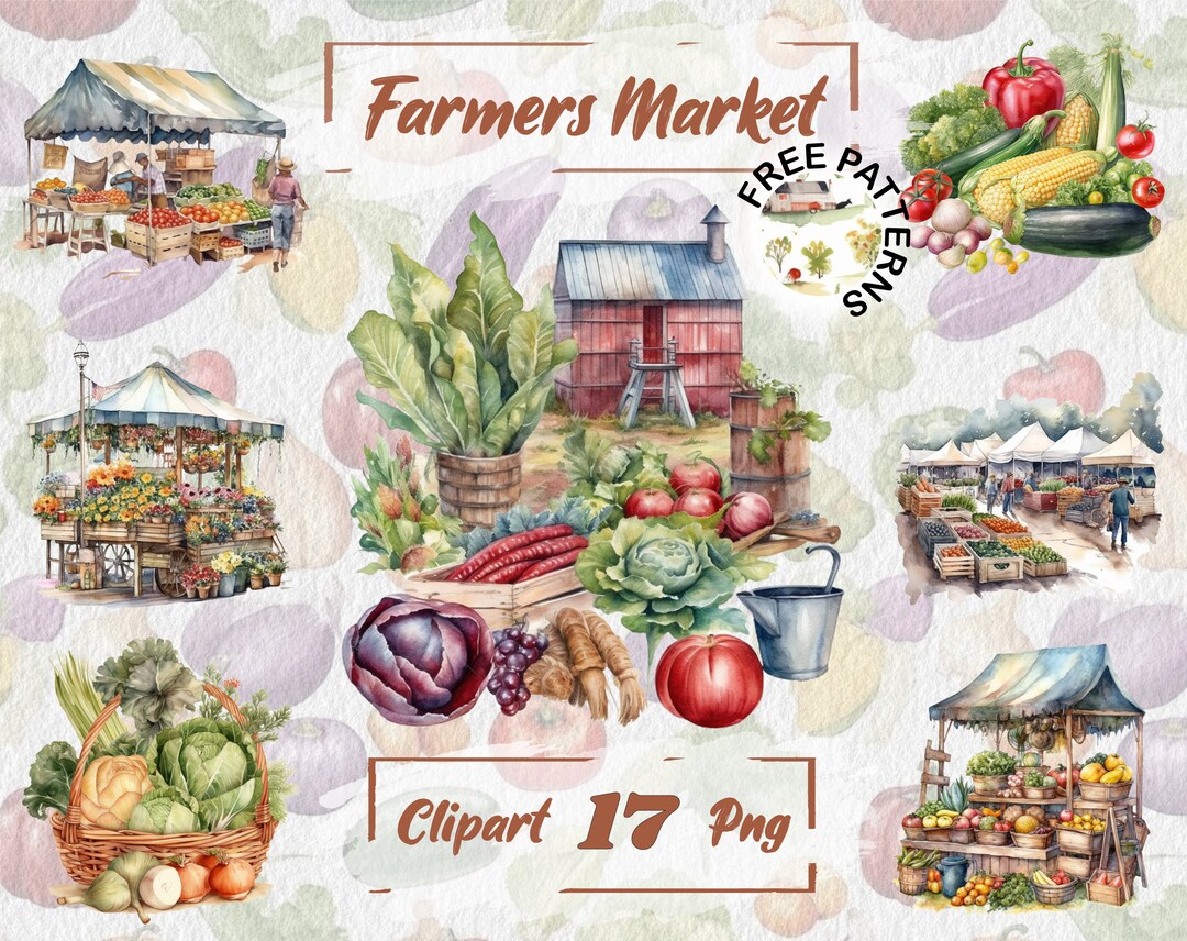 Watercolor Farmers Market Clipart Summer PNG Bundle Vegetables Clipart ...