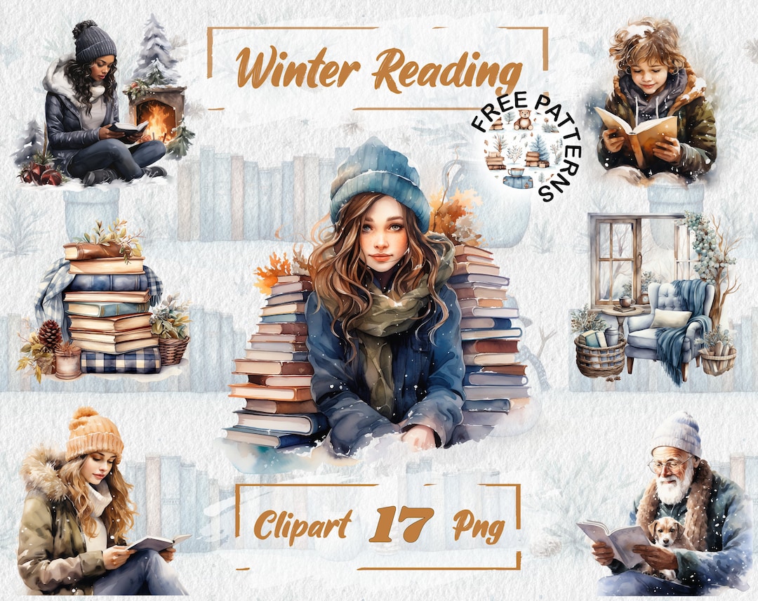 Winter Reading Clipart, Watercolor Bookworm, Cozy Winter Graphics ...