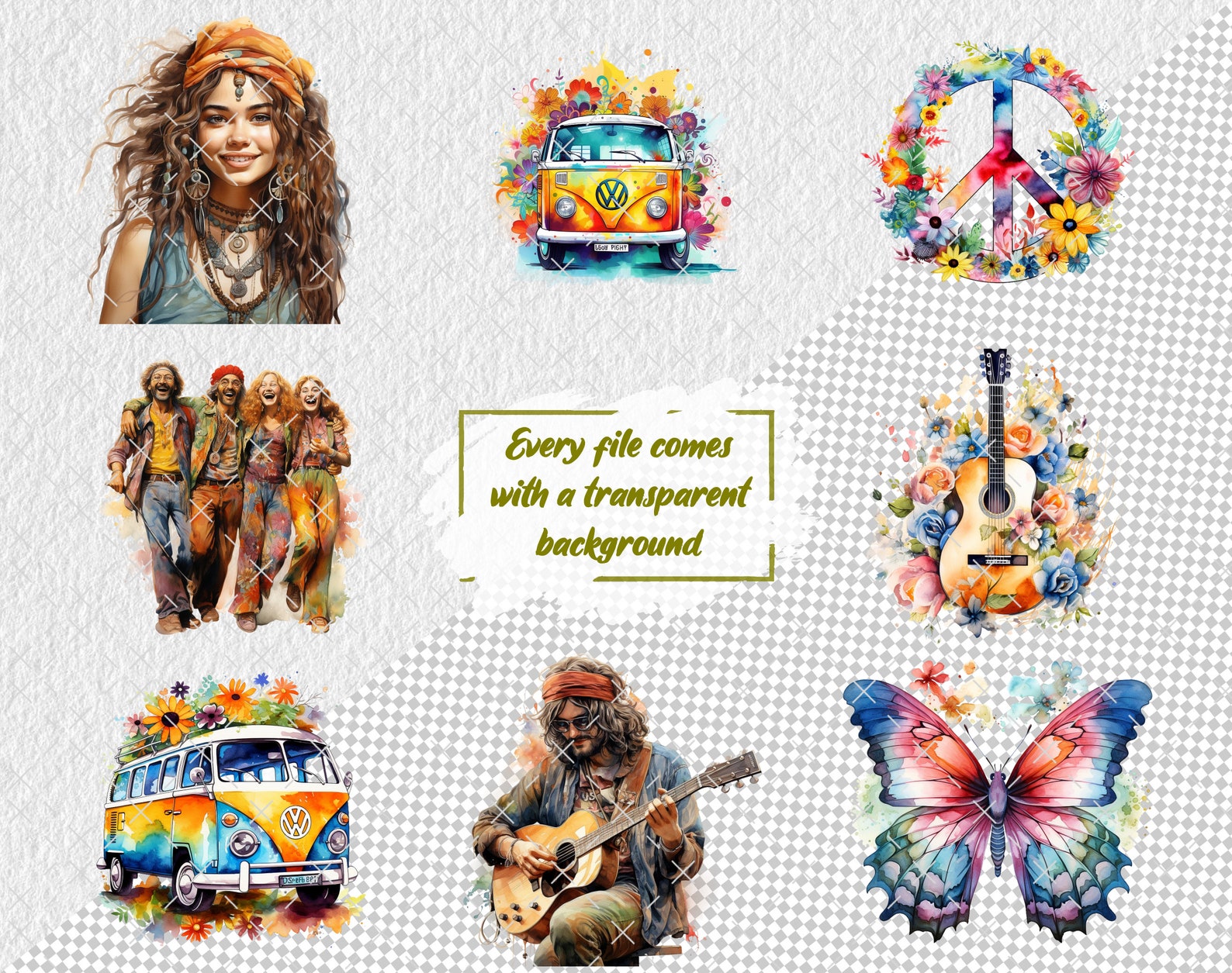 Watercolor Hippie Clipart Hippie PNG Bundle Retro Clipart 70's Clipart ...