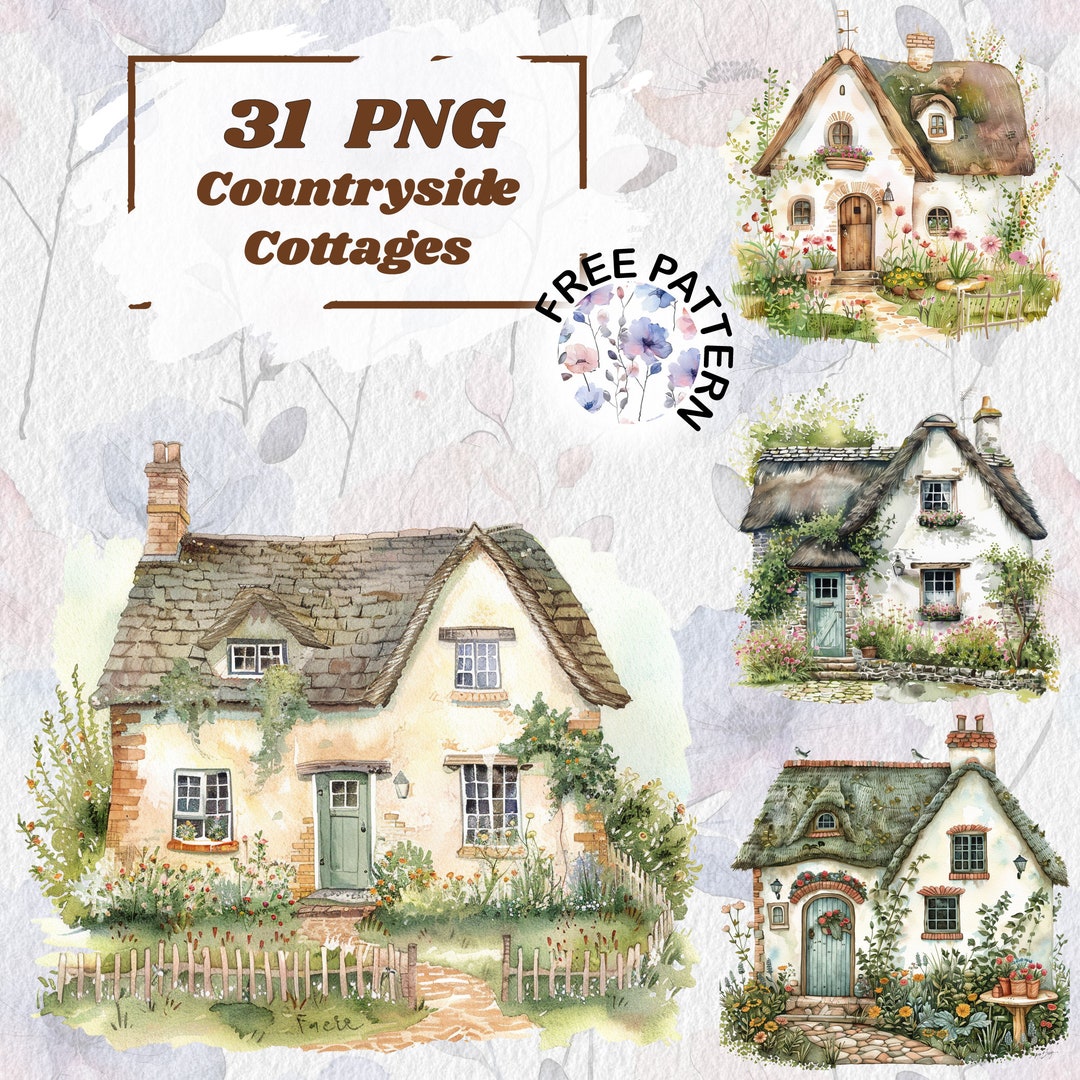 Countryside Cottage and Garden Watercolor Clipart Bundle Rustic Housing ...