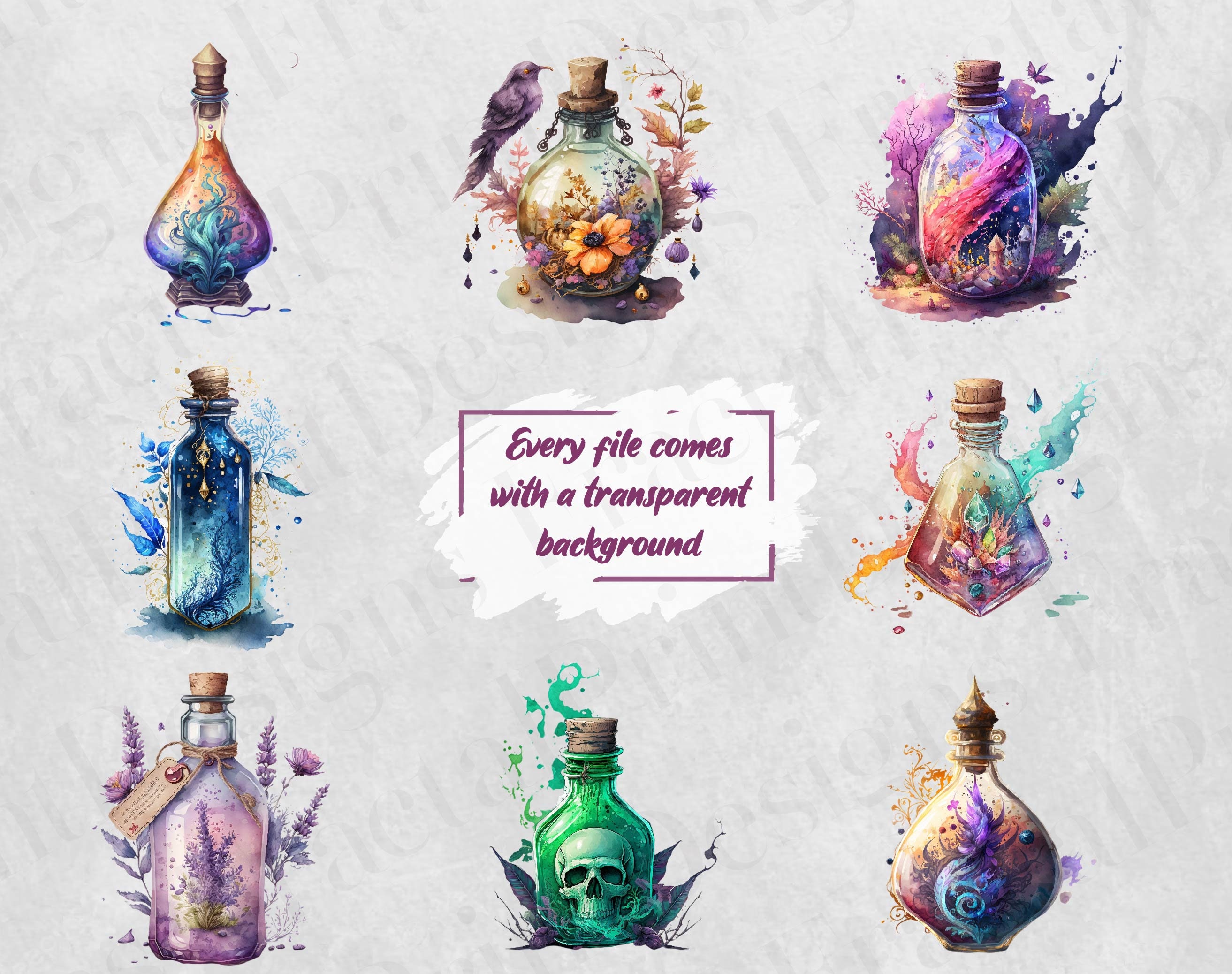 Witches Potion Bottles Watercolor Clipart Magical Mystical Art Fantasy ...