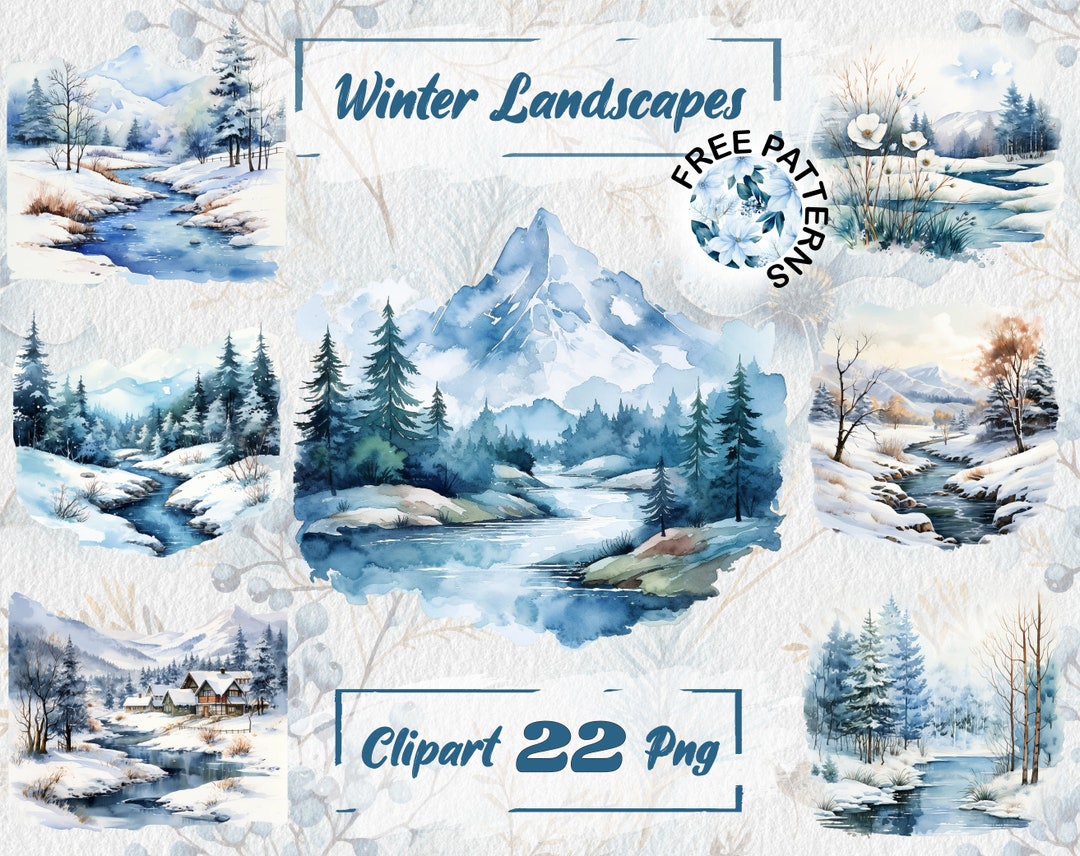 Winter Landscapes Clipart, Watercolor Winter Wonderscapes, Transparent ...