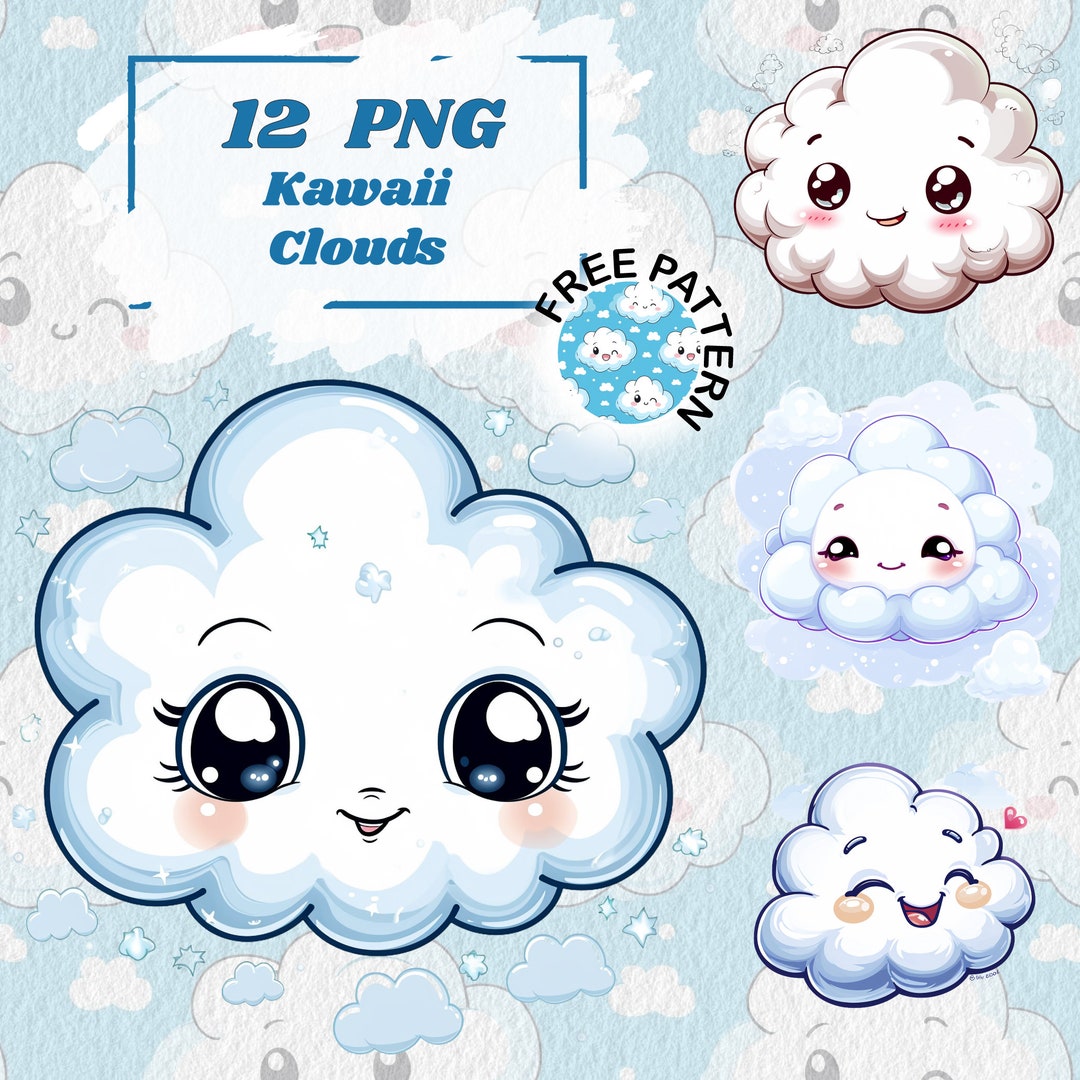 Cute Kawaii Clouds Clipart, Cute Clouds PNG Digital Download, Clouds ...