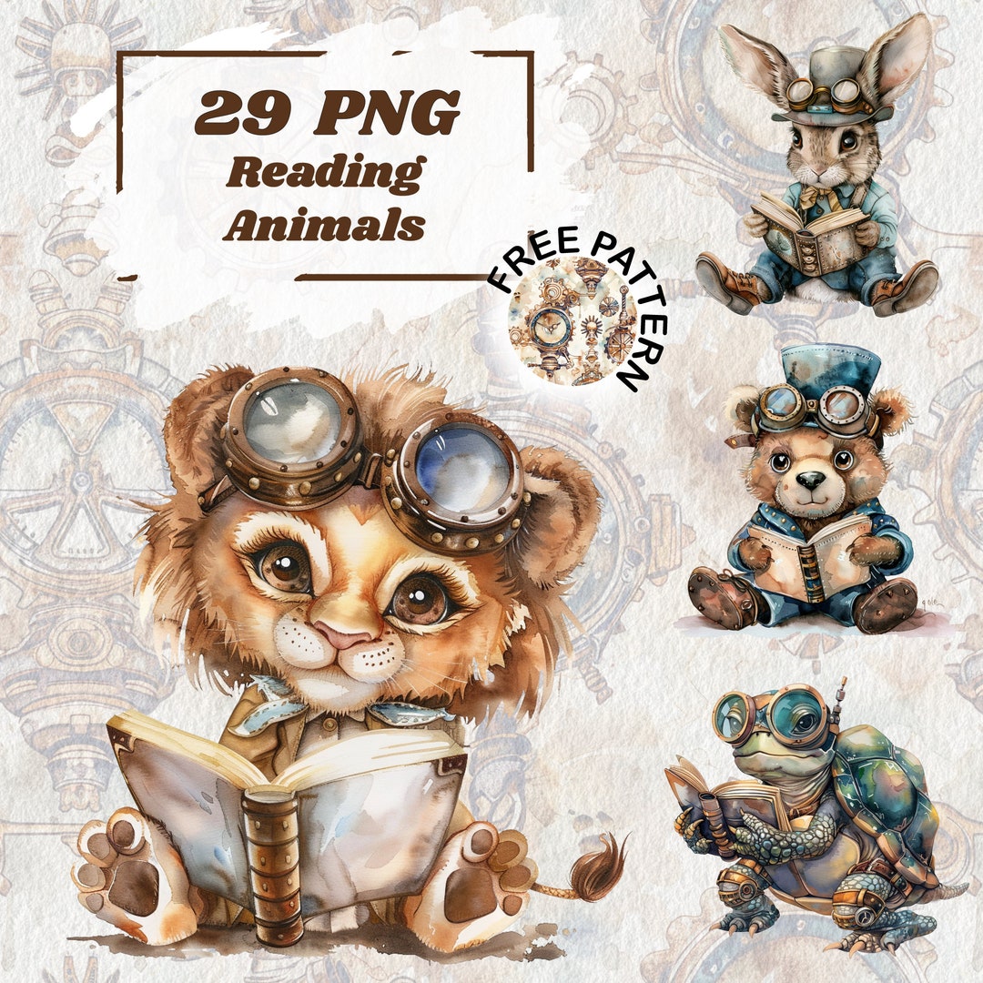 Watercolor Cute Reading Animals, Reading Animal PNG Clipart, Nursery ...