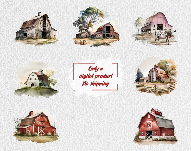 Farmhouse Clipart Farm Barns Clipart PNG Bundle Watercolour - Etsy