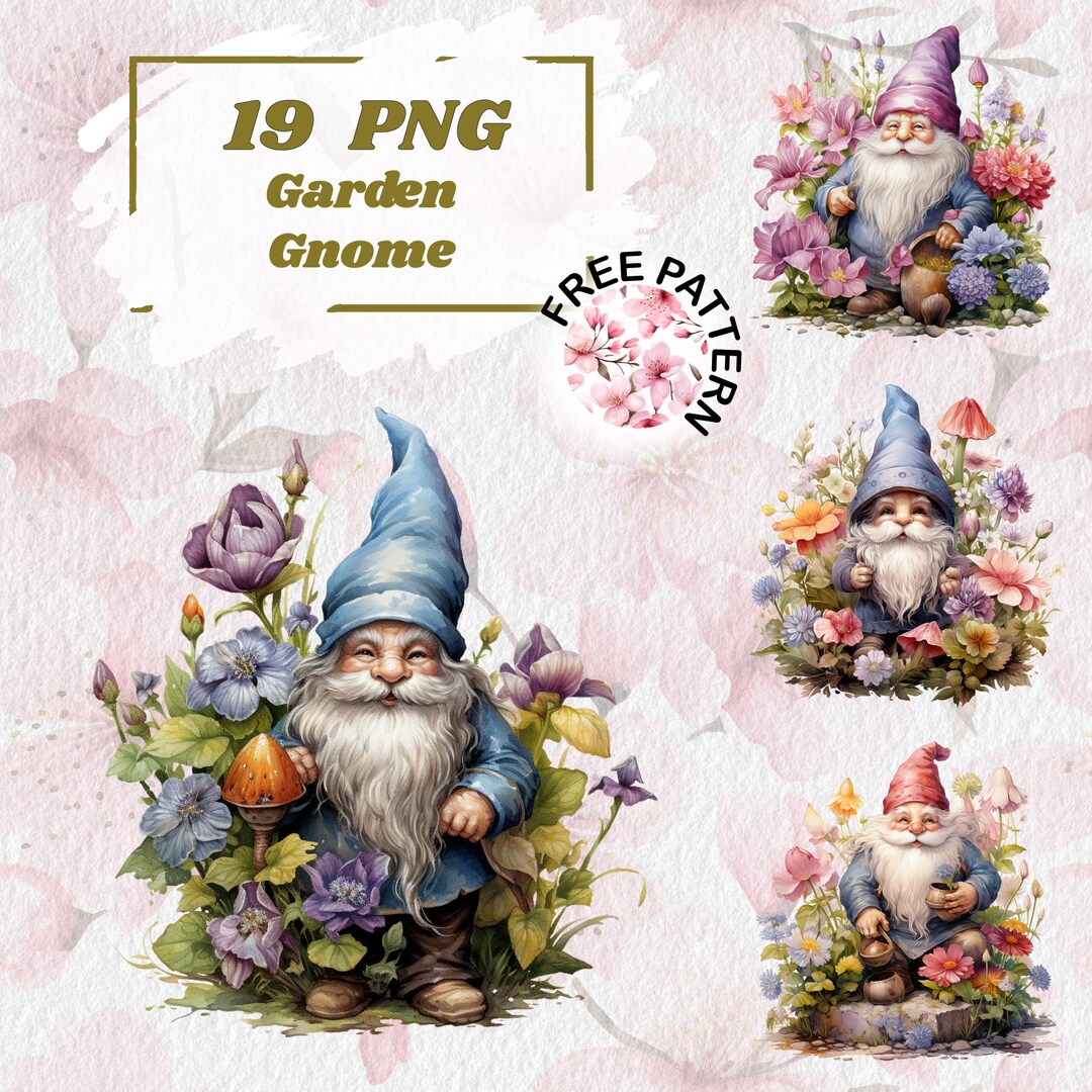 Watercolor Garden Gnomes Pngs, Garden Gnome, Floral Spring Clip Art ...