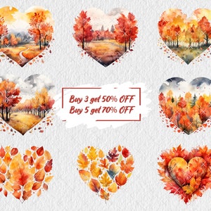 Watercolor Fall Hearts Clipart Autumn Clipart Autumn Leaves PNG Fall ...