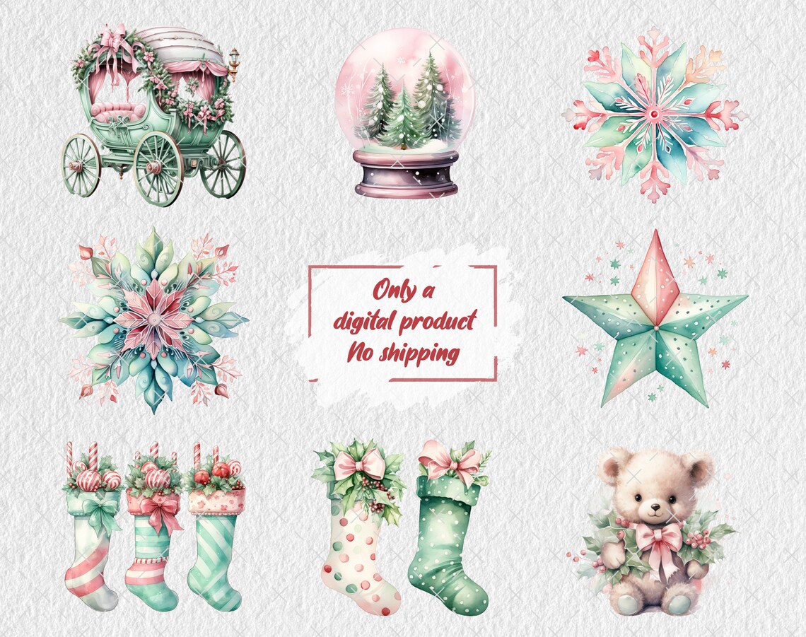 Pink Mint Christmas Clipart, Pastel Christmas Clipart Bundle, Snowman ...
