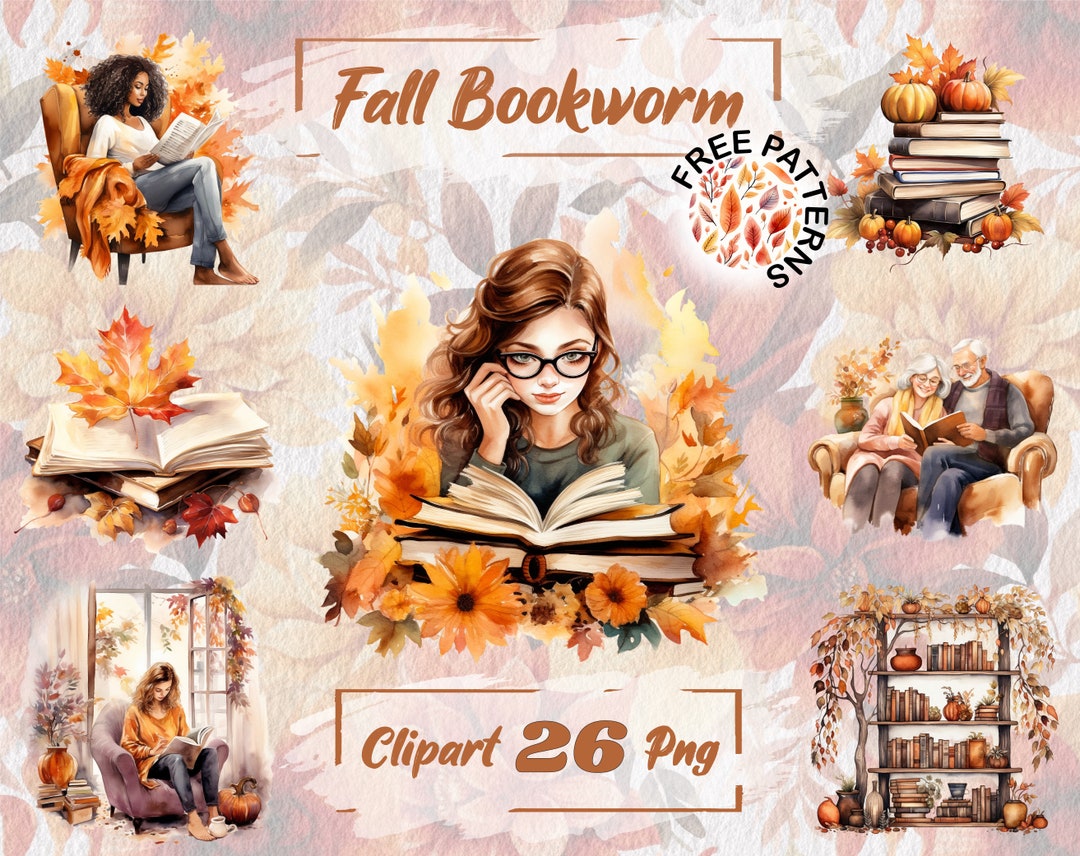 Watercolor Fall Reading, Autumn Clipart, Fall Graphics Bookworm PNG ...
