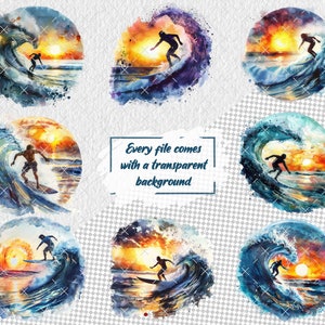 Watercolor Sunset Surfing Clipart Surfboard, Surfer, Palm Tree, Beach ...