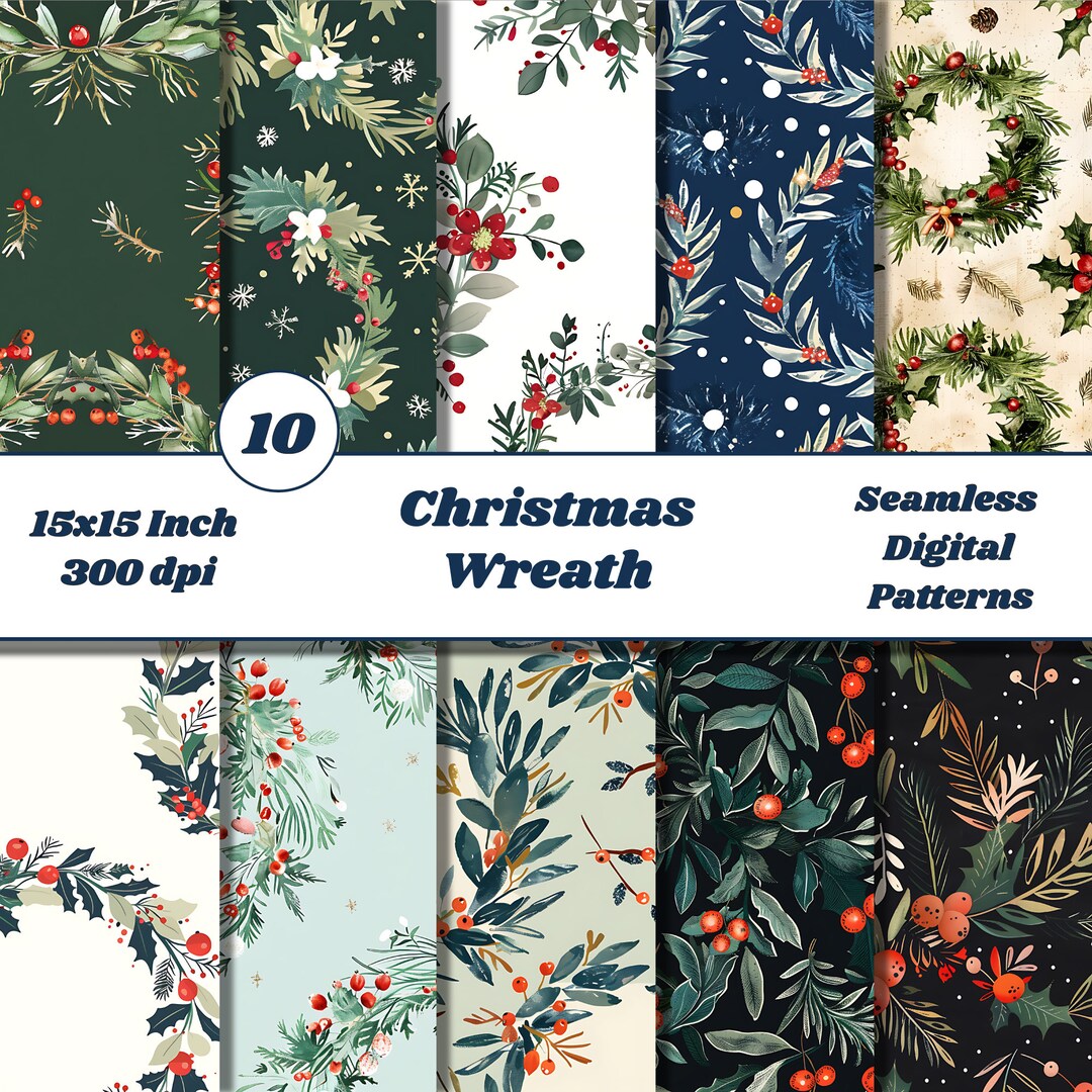 Christmas Wreath Digital Seamless Patterns Festive Wreath Prints ...