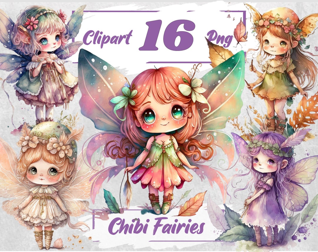 Chibi Fairy Bundle Watercolor Fairy Girls Cute Fairy Illustrations ...