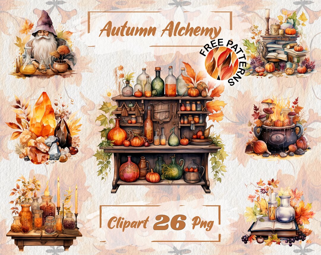 Watercolor Fall Alchemy Clipart Magic Potions Clipart Autumn Leaves PNG Fall Witch Clipart Fall ...