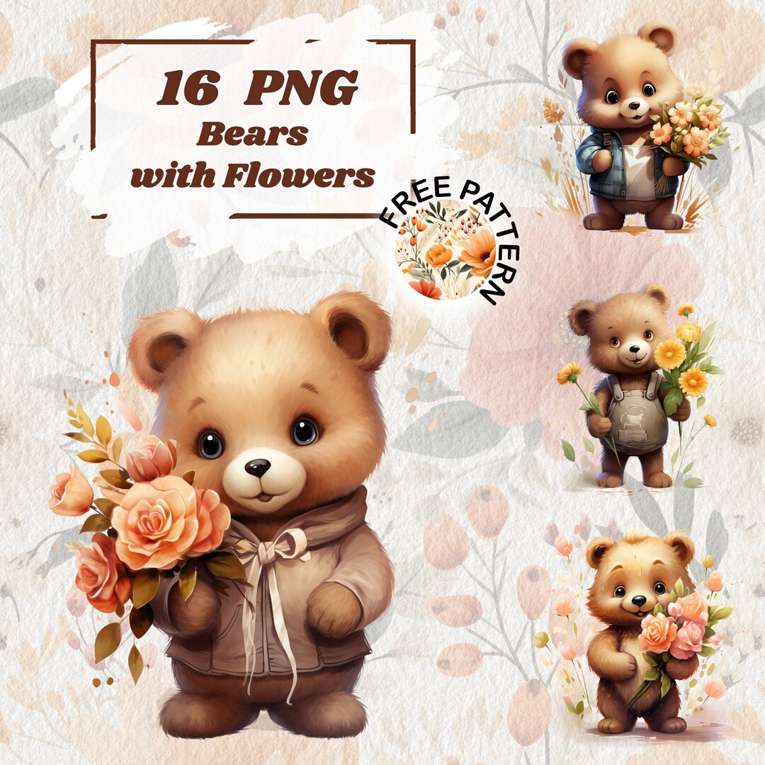 Cute Bear Clipart, Bear With Flowers, Woodland Animals Bear PNG Spring ...