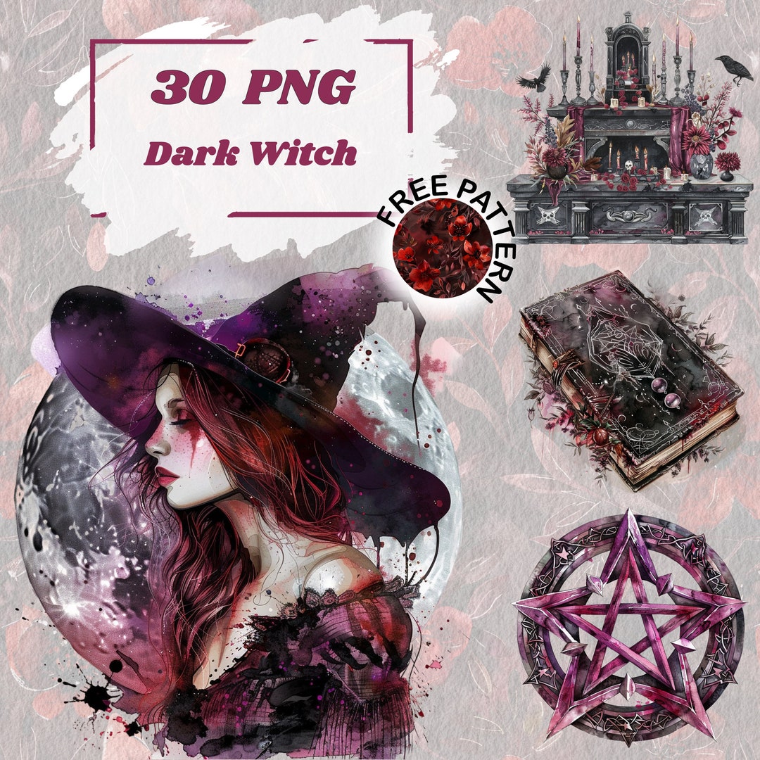Dark Witch Clipart, Watercolor Witch PNG, Witchery Clipart Bundle ...