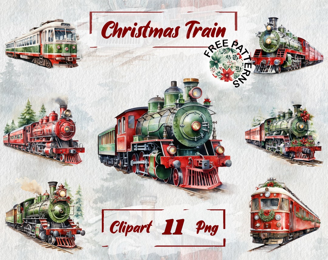 Christmas Train Clipart, PNG Watercolor Bundle, Christmas Vintage Train ...