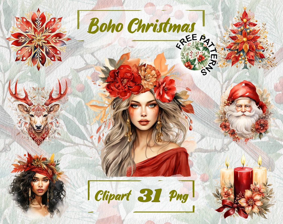 Boho Christmas Clipart, Watercolor Christmas Graphics, Bohemian Clipart ...