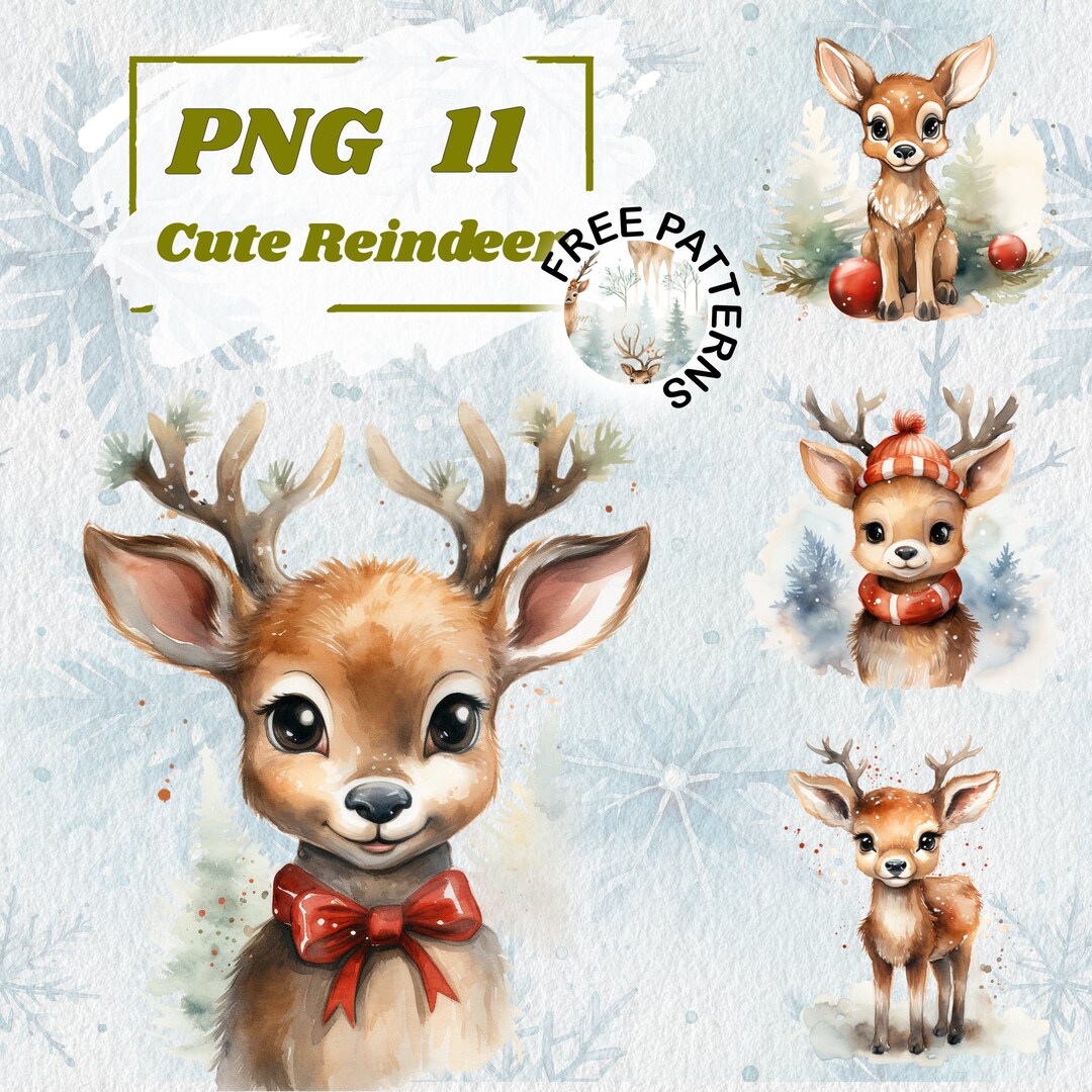 Cute Christmas Reindeer Clipart, Watercolor Christmas Graphics, Kawaii ...